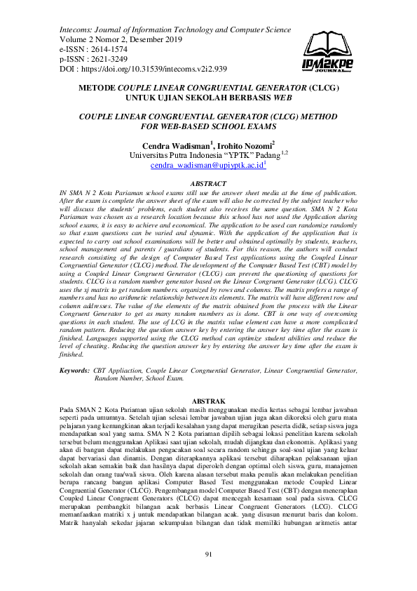 (PDF) Metode Couple Linear Congruential Generator (CLCG) untuk Ujian Sekolah Berbasis Web
