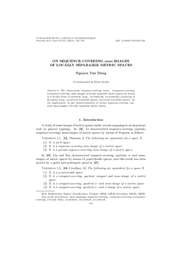 (PDF) ON SEQUENCE-COVERING mssc-IMAGES OF LOCALLY SEPARABLE METRIC SPACES