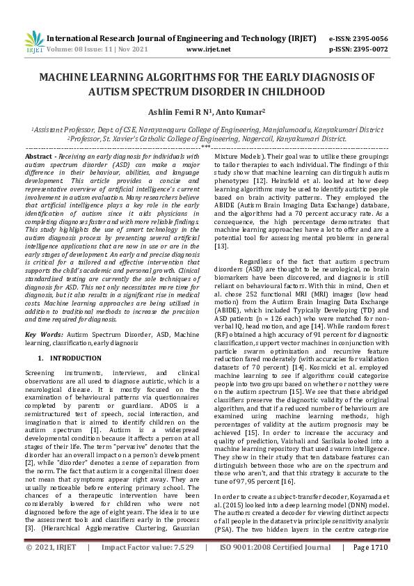 (PDF) IRJET- MACHINE LEARNING ALGORITHMS FOR THE EARLY DIAGNOSIS OF AUTISM SPECTRUM DISORDER IN ...
