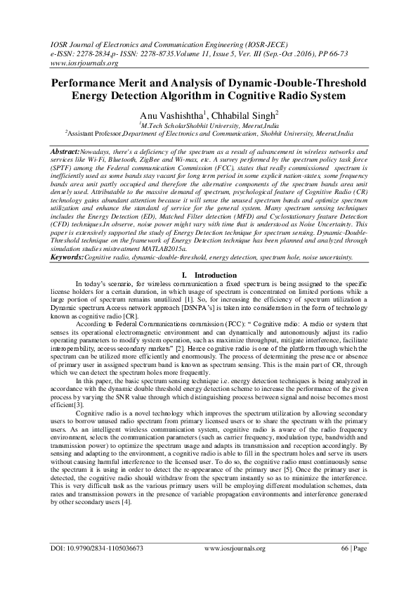 Pdf Performance Merit And Analysis Of Dynamic Double Threshold Energy Detection Algorithm In