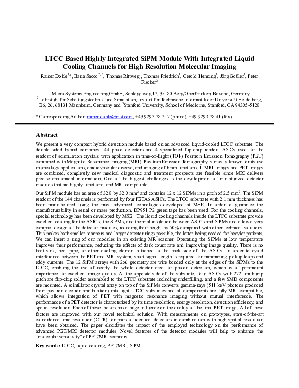 (PDF) Small form-factor, liquid-cooled SiPM module for PET/MRI applications