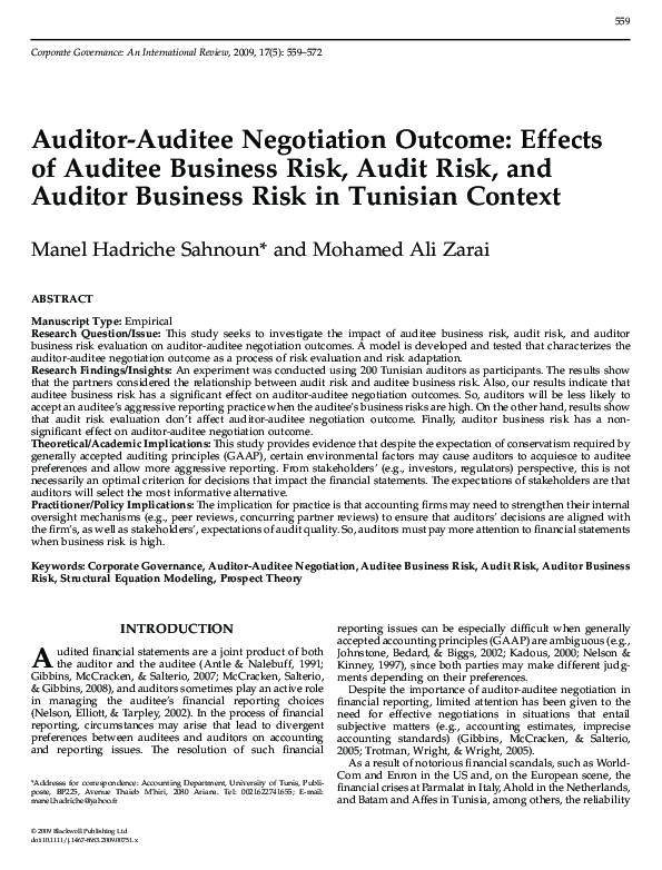 (PDF) Auditor‐Auditee Negotiation Outcome: Effects of Auditee Business ...