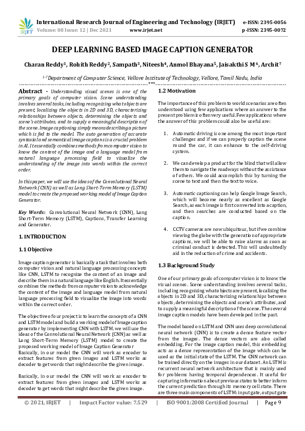 (PDF) IRJET- DEEP LEARNING BASED IMAGE CAPTION GENERATOR