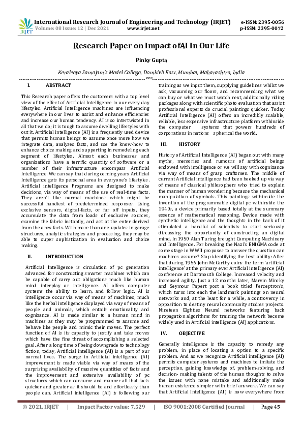 (PDF) IRJET- Research Paper on Impact of AI In Our Life