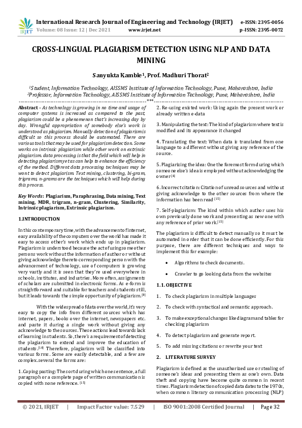 (PDF) IRJET- CROSS-LINGUAL PLAGIARISM DETECTION USING NLP AND DATA MINING