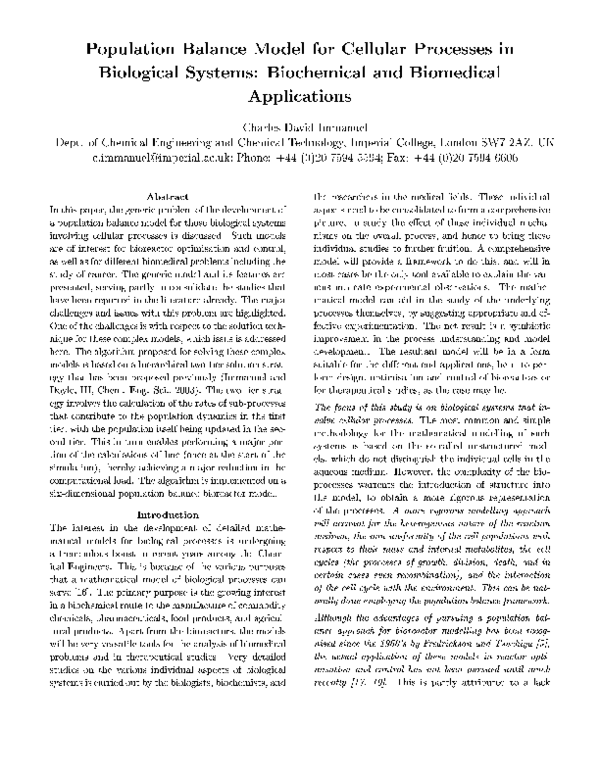 (PDF) Population Balance Model for Cellular Processes in Biological ...