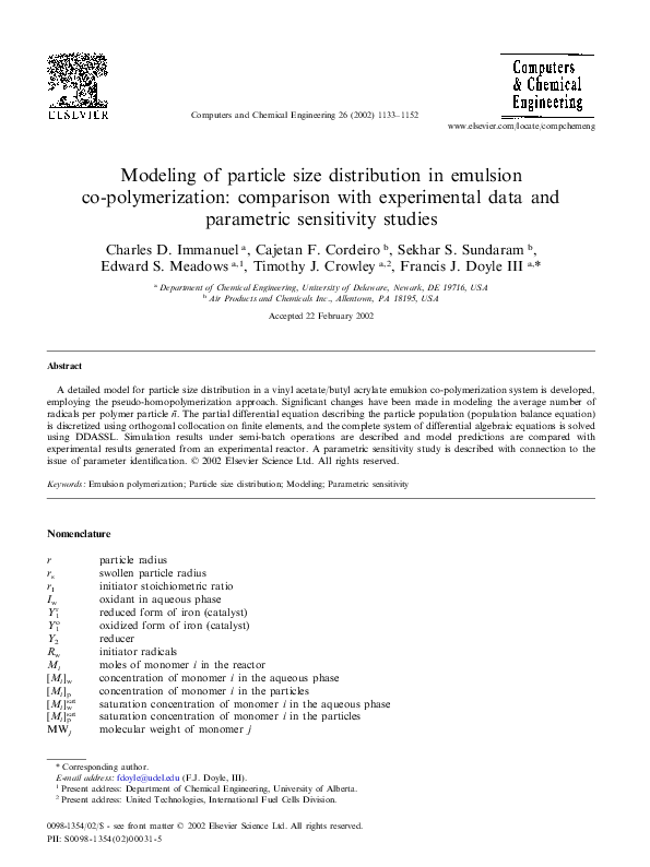 (PDF) Modeling of particle size distribution in emulsion co-polymerization: comparison with ...
