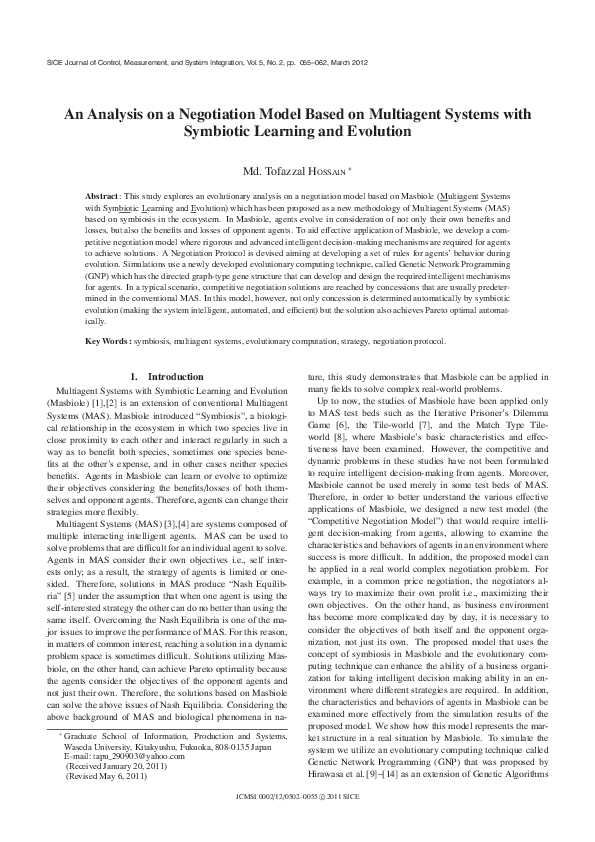 (PDF) An Analysis on a Negotiation Model Based on Multiagent Systems with Symbiotic Learning and ...