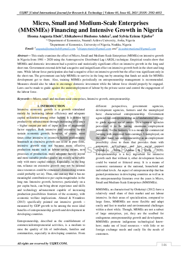 (PDF) Micro, Small and Medium-Scale Enterprises (MMSMEs) Financing and Intensive Growth in Nigeria