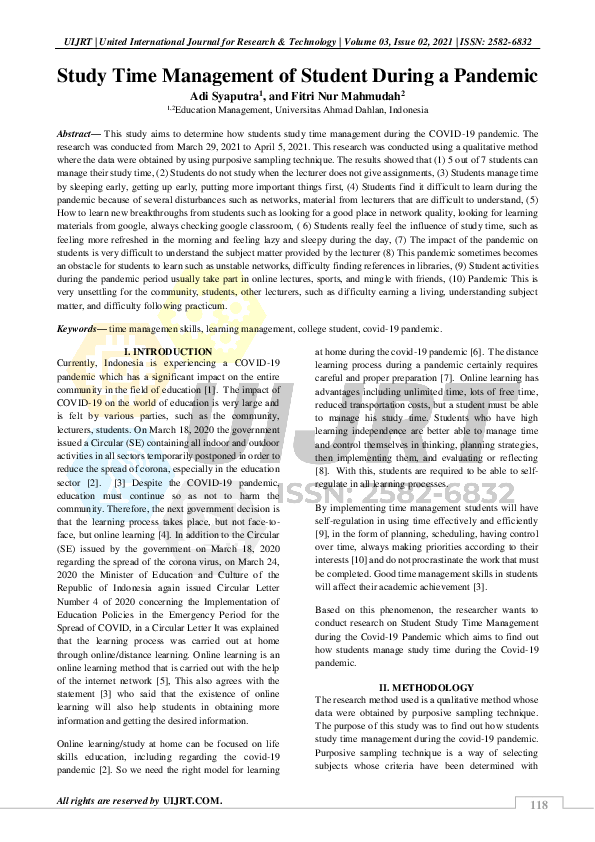 (PDF) Study Time Management of Student During a Pandemic