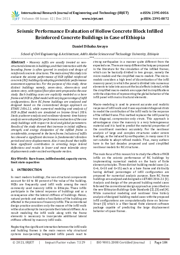 Pdf Irjet Seismic Performance Evaluation Of Hollow Concrete Block Infilled Reinforced