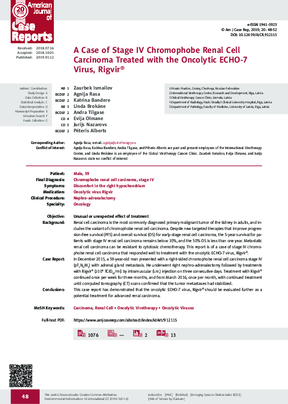 (PDF) A Case of Stage IV Chromophobe Renal Cell Carcinoma Treated with the Oncolytic ECHO-7 ...