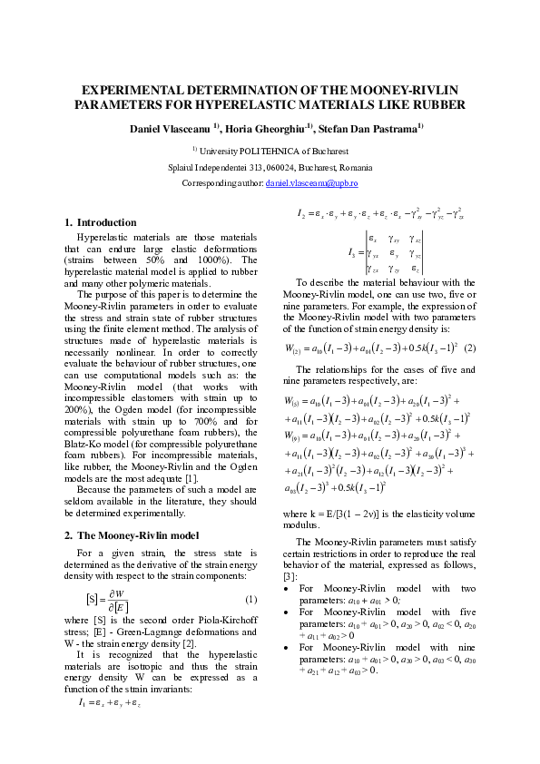 (PDF) Experimental Determination of the Mooney-Rivlin Parameters for Hyperelastic Materials Like ...