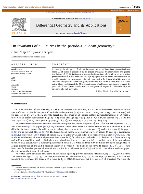 Pdf On Invariants Of Null Curves In The Pseudo Euclidean Geometry
