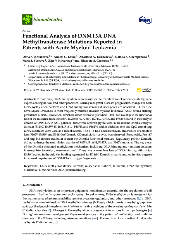 (PDF) Functional Analysis of DNMT3A DNA Methyltransferase Mutations ...