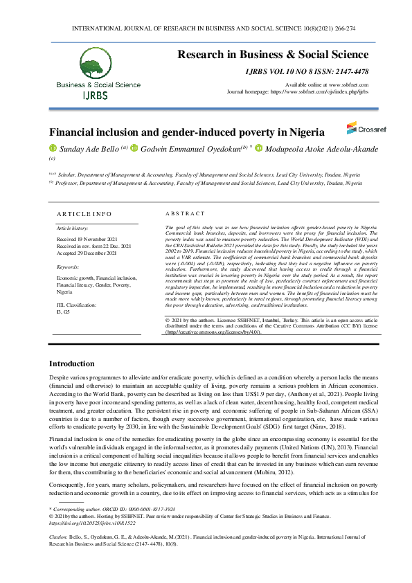 (PDF) Financial inclusion and gender-induced poverty in Nigeria