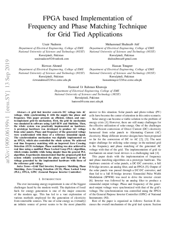 Pdf Fpga Based Implementation Of Frequency And Phase Matching Technique For Grid Tied Applications