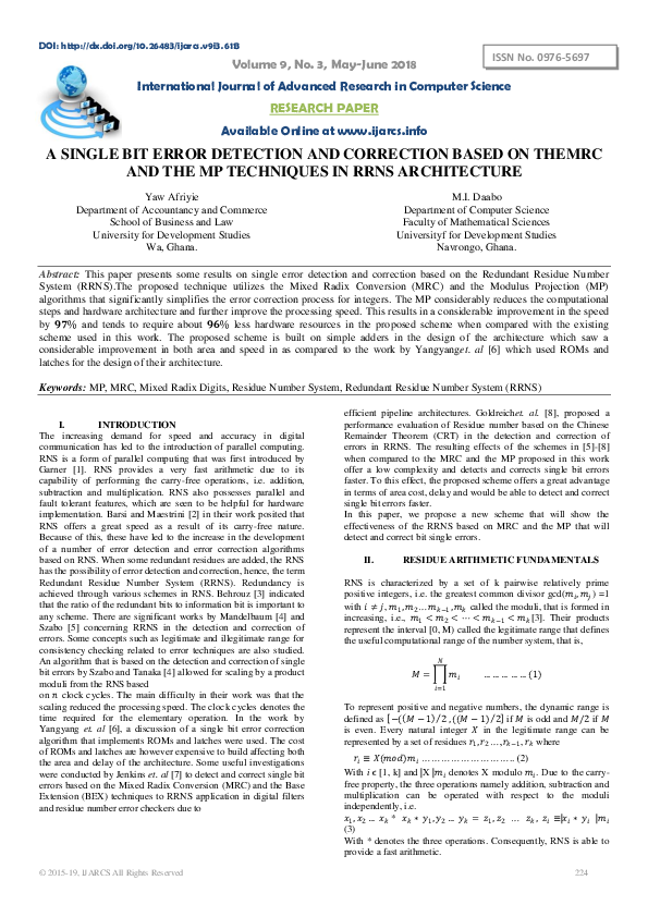 Pdf A Single Bit Error Detection And Correction Based On Themrc And The Mp Techniques In Rrns