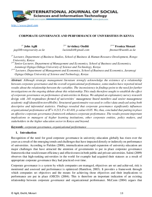(PDF) Corporate Governance and Performance of Universities in Kenya