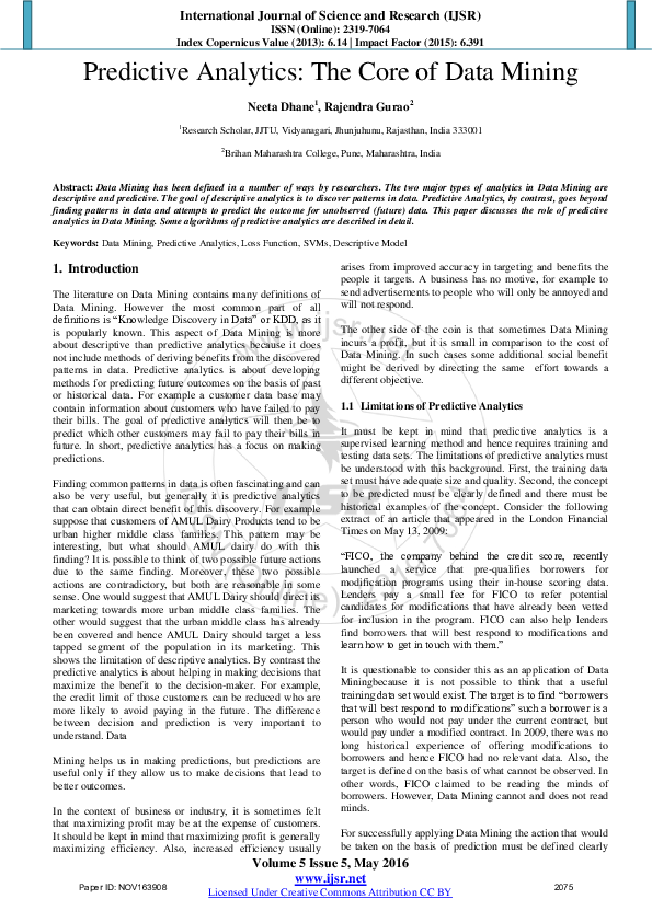 (PDF) Predictive Analytics : The Core of Data Mining