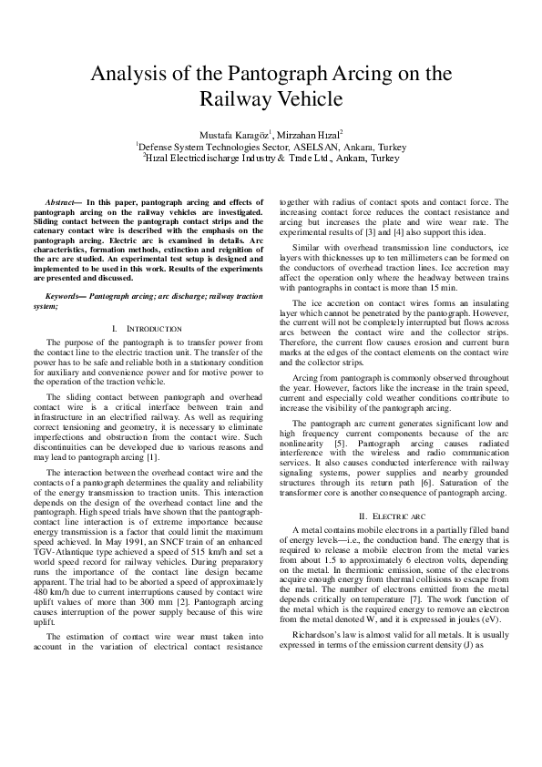(PDF) Analysis of the Pantograph Arcing on the Railway Vehicle