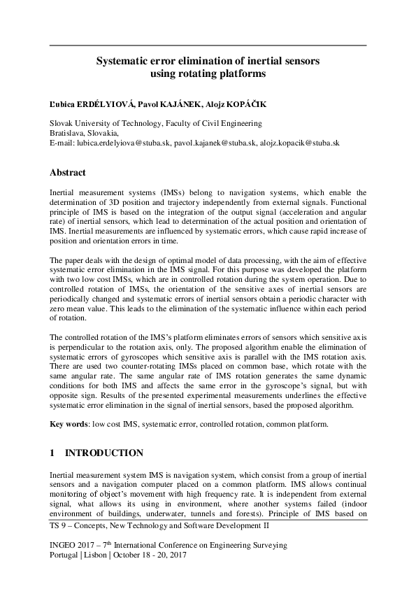 Pdf Systematic Error Elimination Of Inertial Sensors Using Rotating Platforms