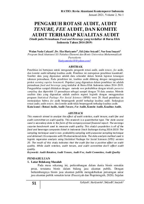 (PDF) Pengaruh Rotasi Audit, Audit Tenure, Fee Audit, Dan Komite Audit Terhadap Kualitas Audit ...