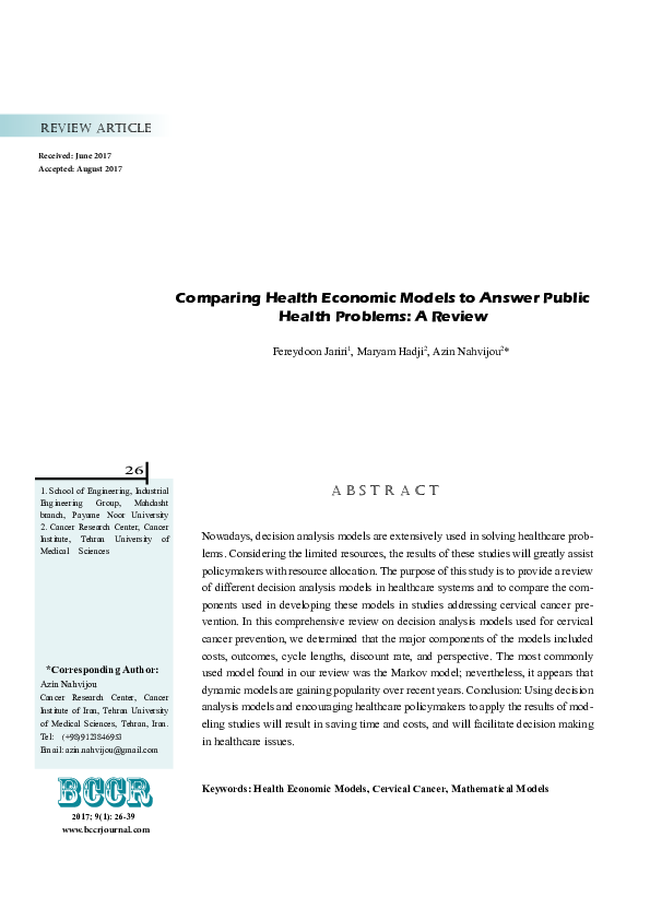 (PDF) Comparing Health Economic Models to Answer Public Health Problems ...