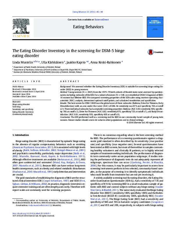 (PDF) The Eating Disorder Inventory in the screening for DSM-5 binge ...