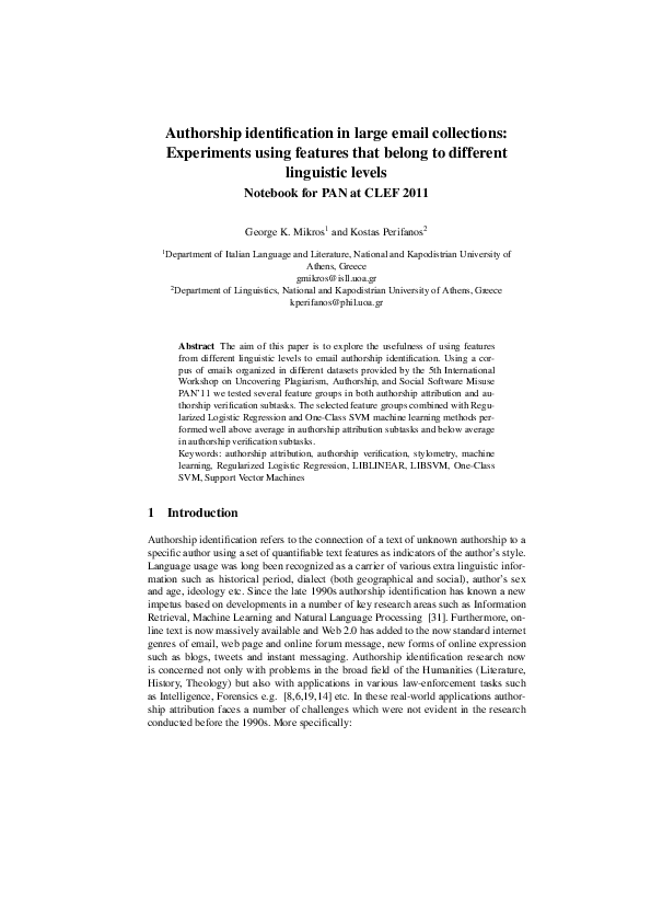 Pdf Authorship Identification In Large Email Collections Experiments Using Features That