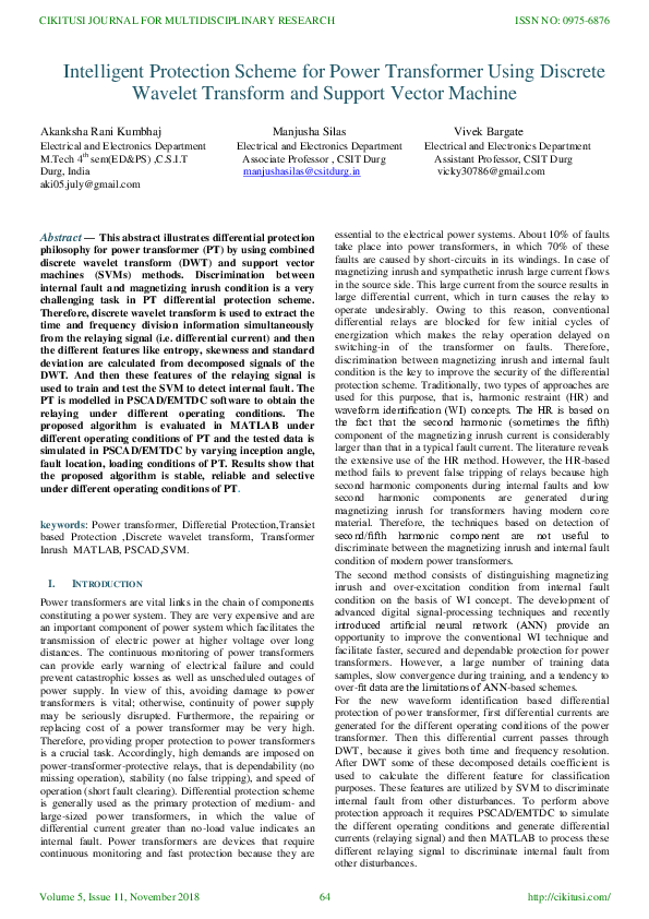 Pdf Intelligent Protection Scheme For Power Transformer Using Discrete Wavelet Transform And