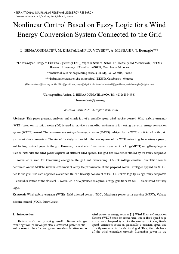 Pdf Nonlinear Control Based On Fuzzy Logic For A Wind Energy