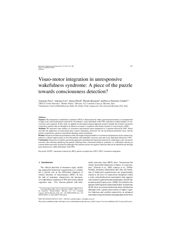 (PDF) Visuo-motor integration in unresponsive wakefulness syndrome: A ...
