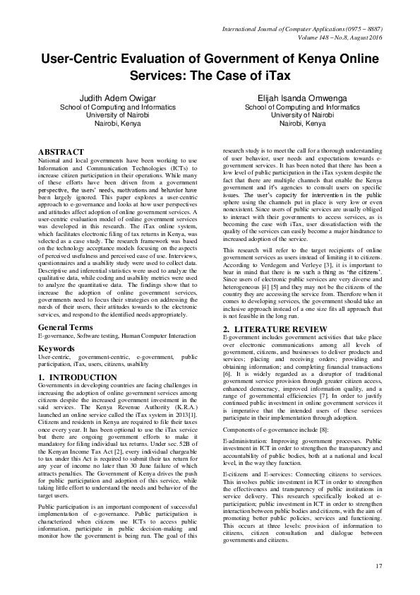 (PDF) User-Centric Evaluation of Government of Kenya Online Services: The Case of iTax