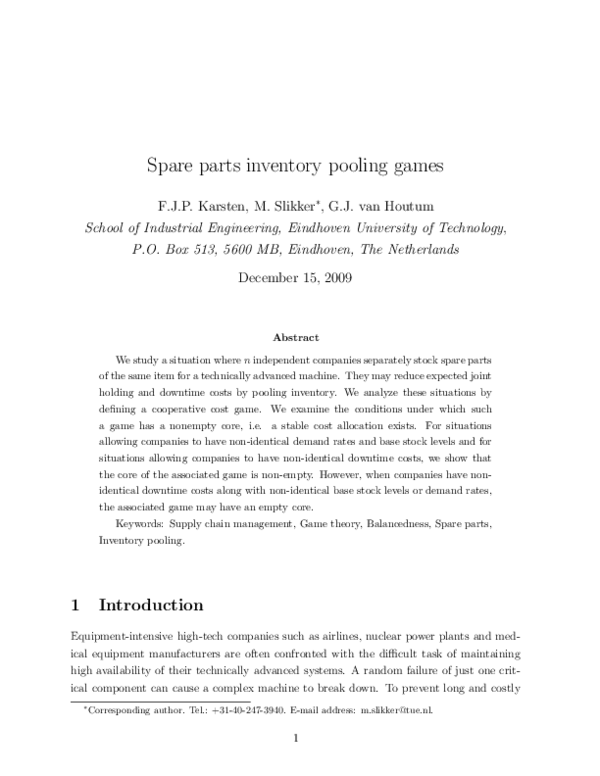 (PDF) Spare parts inventory pooling games