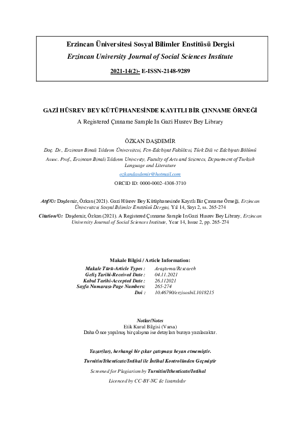 (PDF) GAZİ HÜSREV BEY KÜTÜPHANESİNDE KAYITLI BİR ÇINNAME ÖRNEĞİ A ...