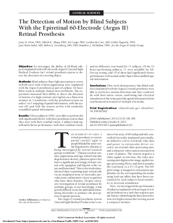 (PDF) The Detection of Motion by Blind Subjects With the Epiretinal 60 ...