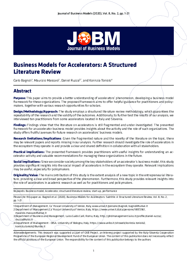 (PDF) Business Models for Accelerators: A Structured Literature Review
