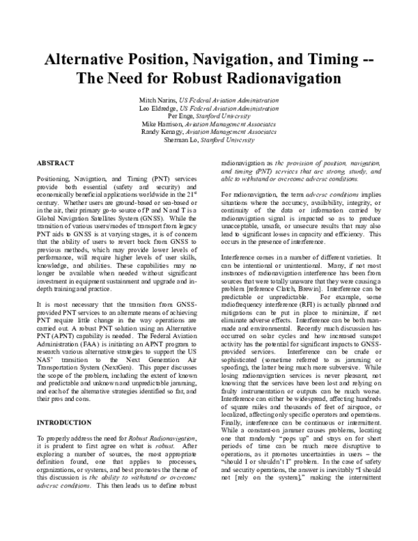 (PDF) Alternative Position , Navigation , and Timing-- The Need for Robust Radionavigation