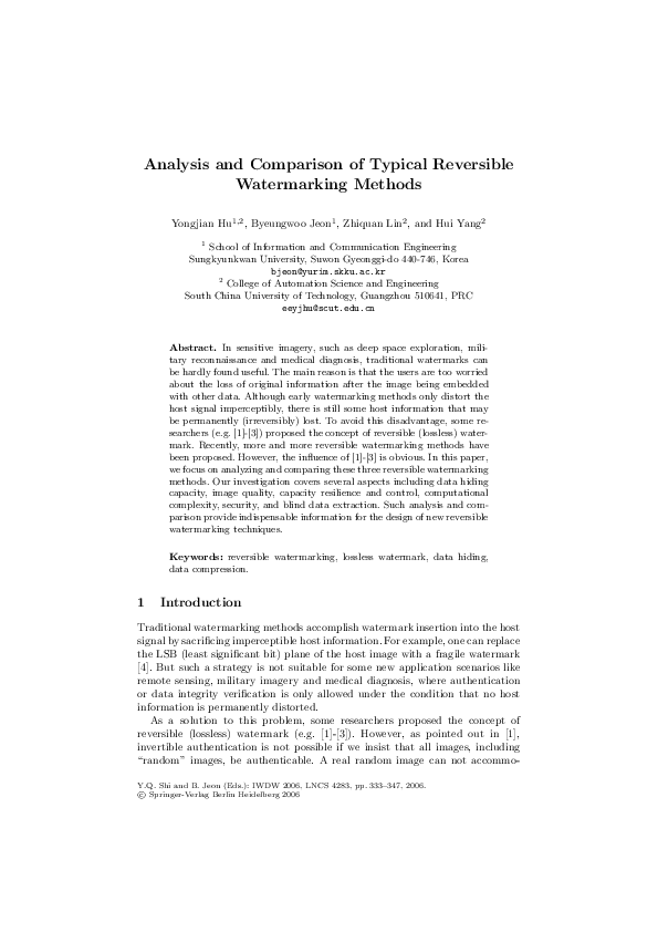 (PDF) Analysis and Comparison of Typical Reversible Watermarking Methods