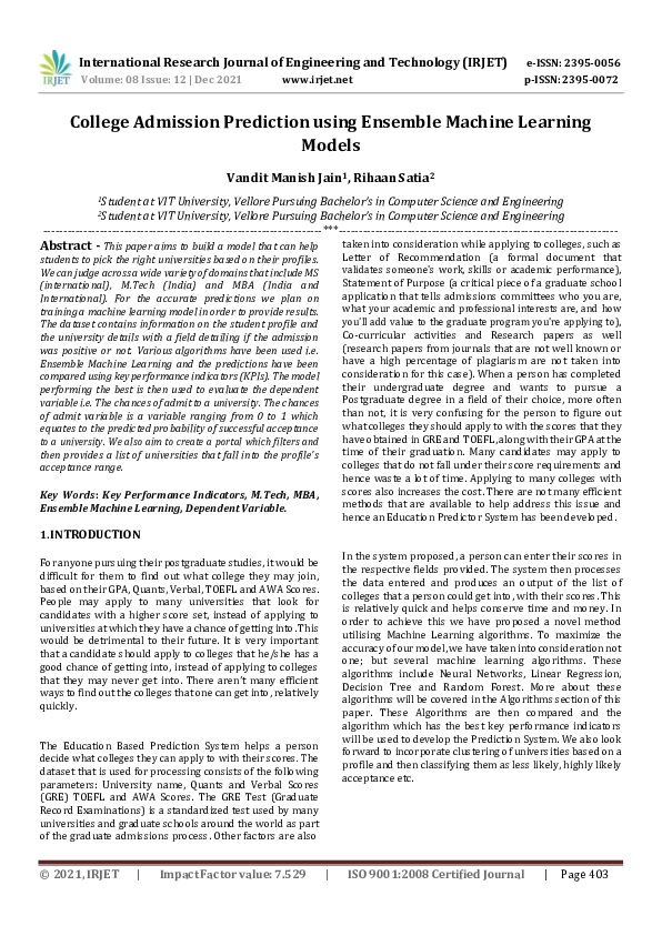 (PDF) IRJET- College Admission Prediction using Ensemble Machine Learning Models