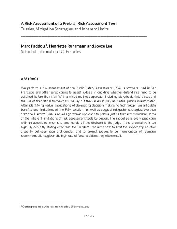 (PDF) A Risk Assessment of a Pretrial Risk Assessment Tool: Tussles ...