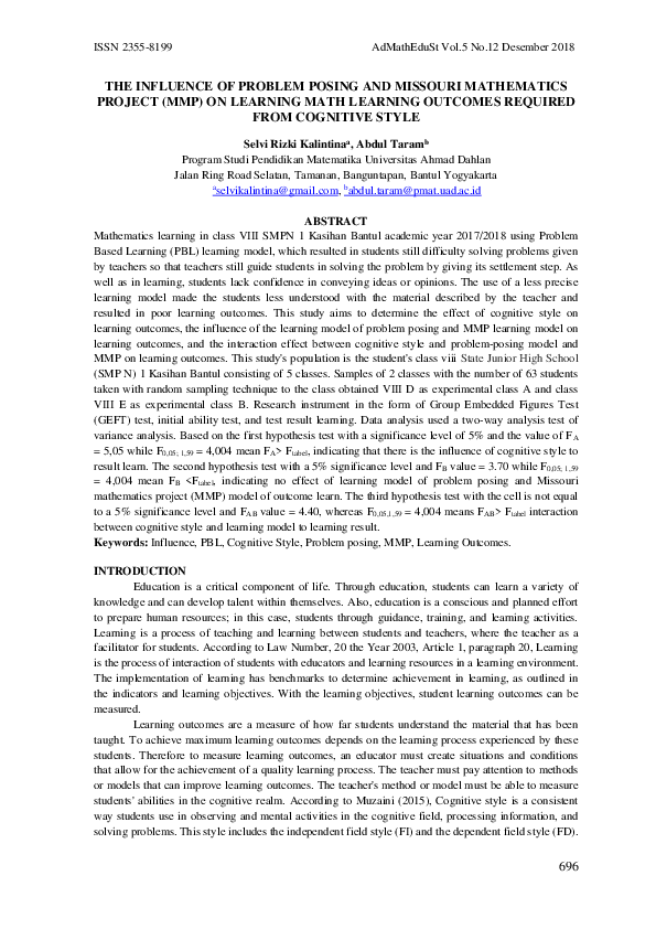 (PDF) The Influence of Problem Posing and Missouri Mathematics Project ...