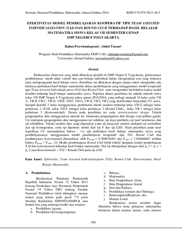 (PDF) Efektivitas Model Pembelajaran Kooperatif Tipe Team Asissted Individualization (Tai) Dan ...