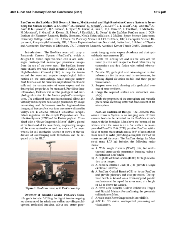 (PDF) PanCam on the ExoMars 2018 Rover: A Stereo, Multispectral and ...