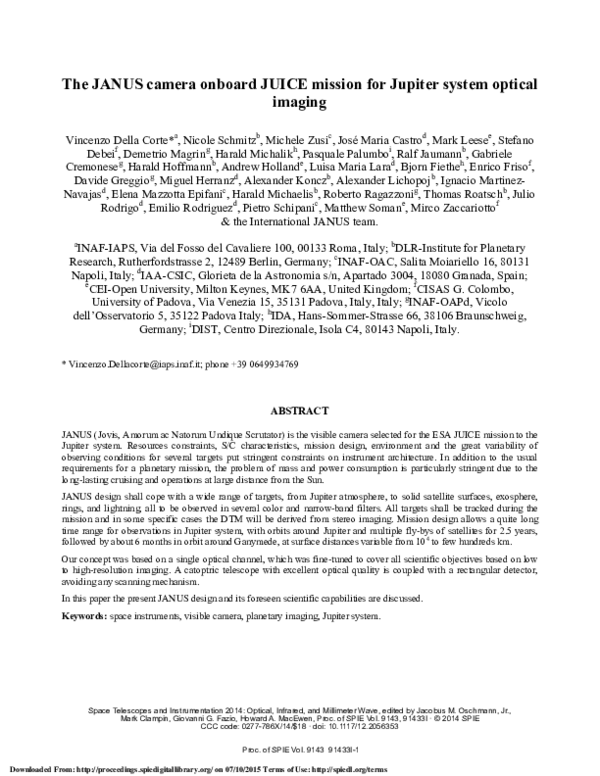 (PDF) The JANUS camera onboard JUICE mission for Jupiter system optical ...