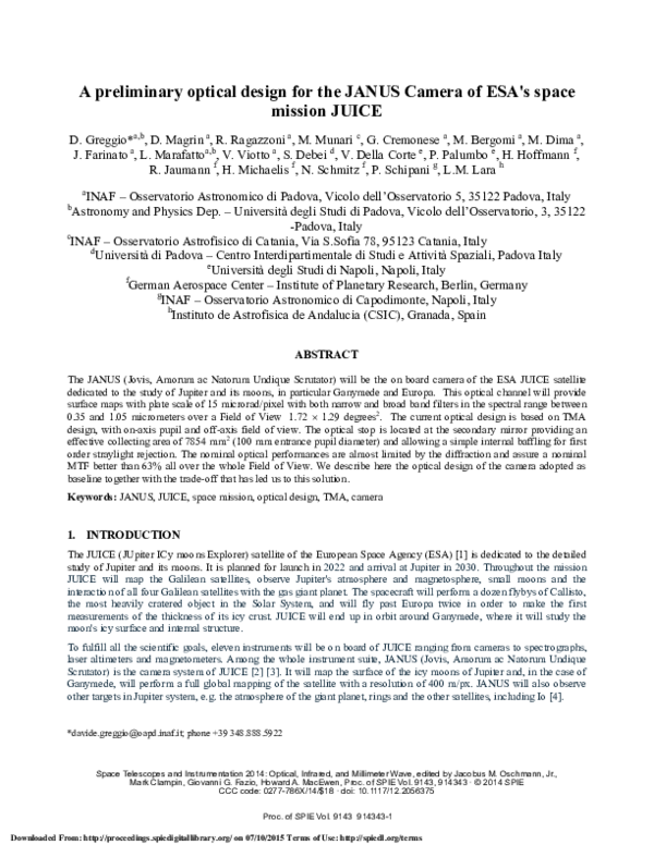 (PDF) A preliminary optical design for the JANUS camera of ESA's space mission JUICE