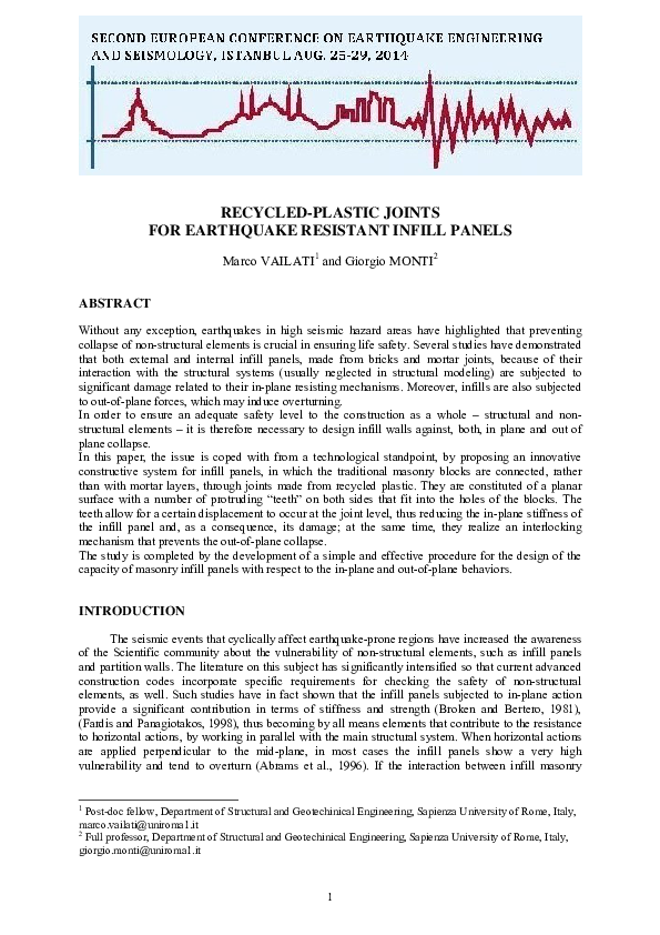 (PDF) Recycled-Plastic Joints for Earthquake Resistant Infill Panels