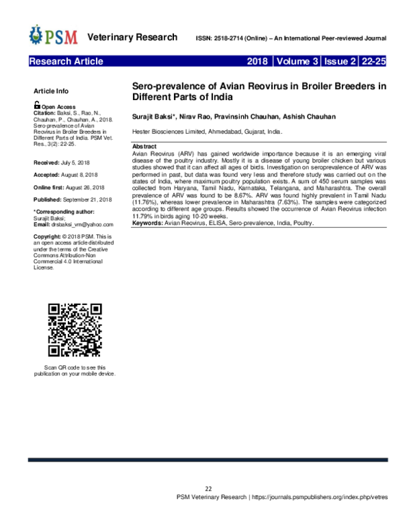 (PDF) Sero-prevalence of Avian Reovirus in Broiler Breeders in ...