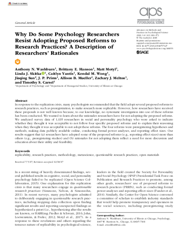 (PDF) Why Do Some Psychology Researchers Resist Adopting Proposed ...